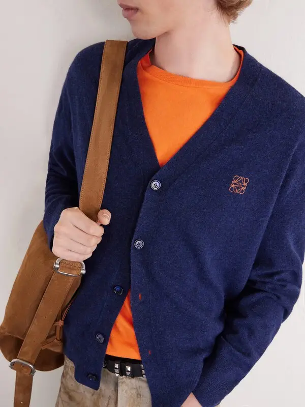 Loewe Logo-embroidered Wool-blend Cardigan - Blue