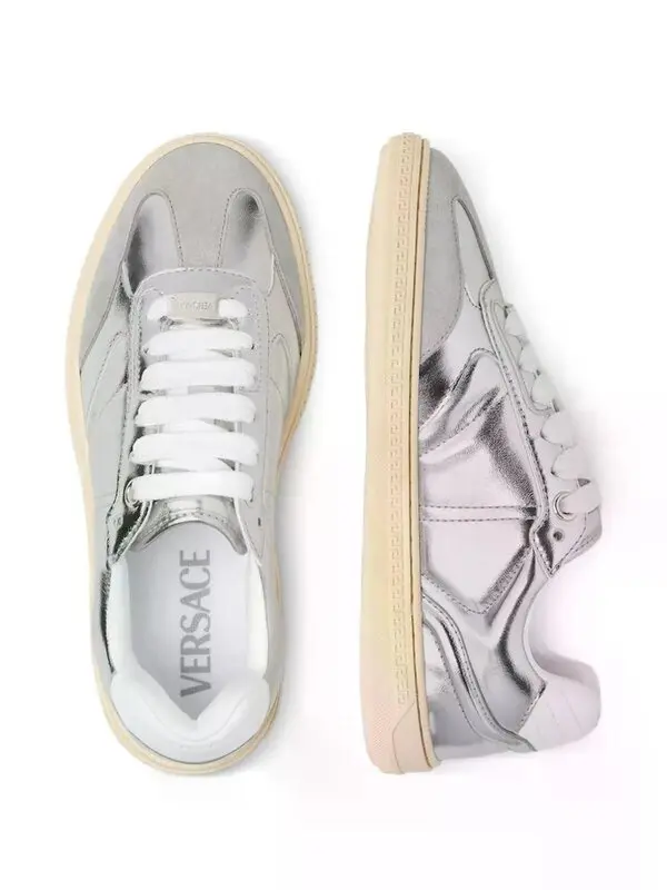 Versace Greca Court Metallic Leather Sneakers - Silver