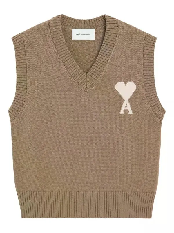 AMI Paris Wool-cotton Blend V-neck Vest With De Coeur Intarsia - Neutrals