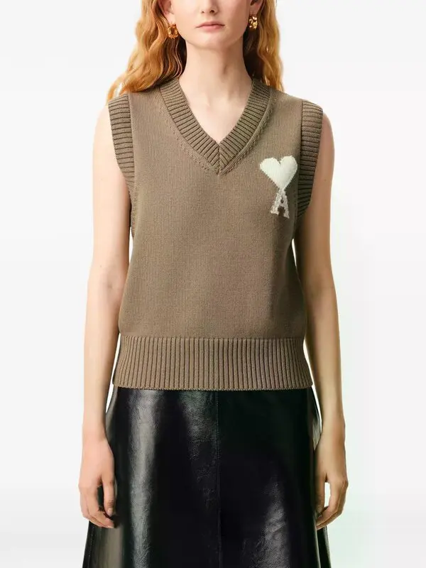 AMI Paris Wool-cotton Blend V-neck Vest With De Coeur Intarsia