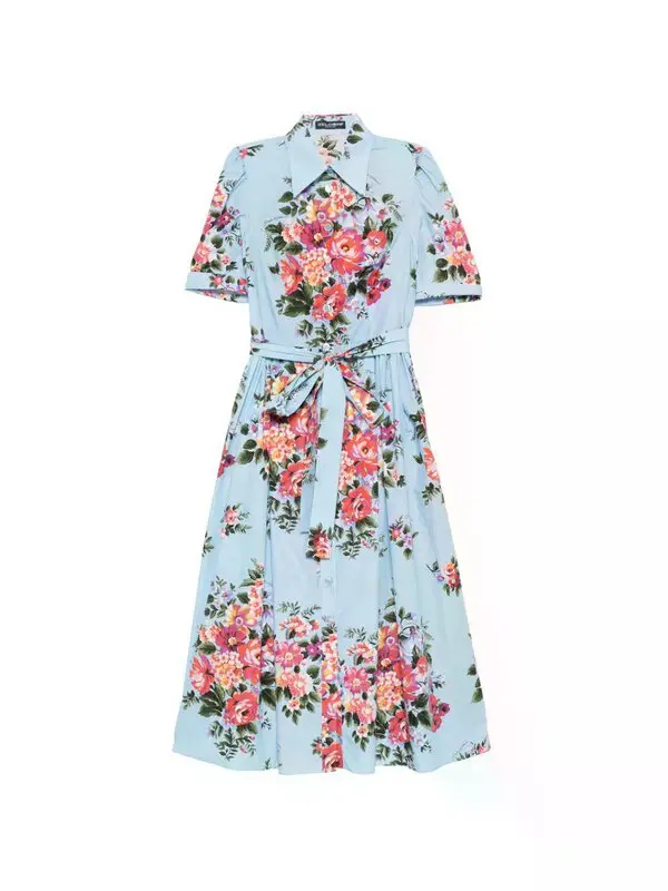 Dolce & Gabbana Floral-print Belted Midi Dress - Blue