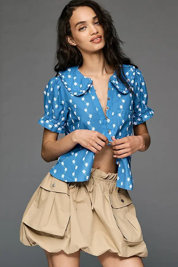 PILCRO The Keira Embroidered Blouse - Blue / White