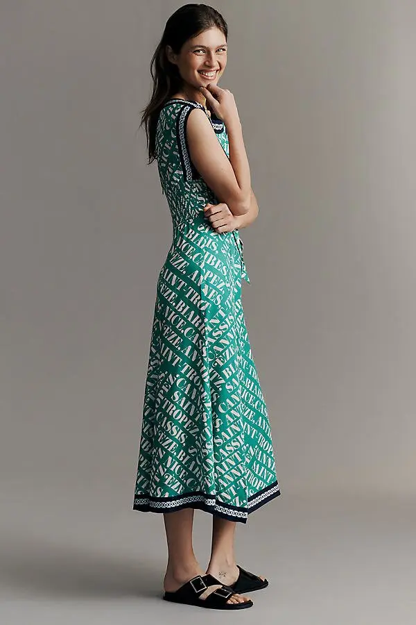 Maeve Sleeveless Hanky-hem Midi Dress - Green Pattern