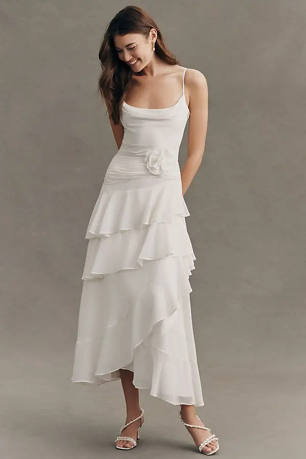 Bhldn Chiffon Tiered Rosette Midi Dress