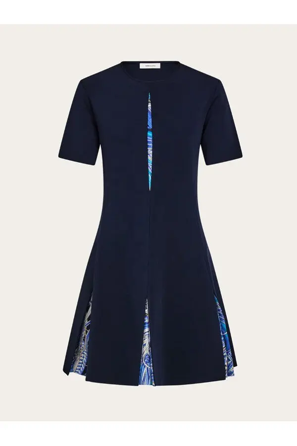 FERRAGAMO Knit Dress With Printed Silk Inserts - Navy