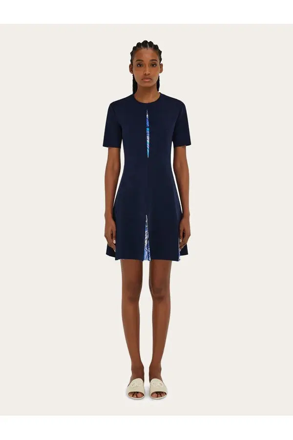 FERRAGAMO Knit Dress With Printed Silk Inserts - Navy