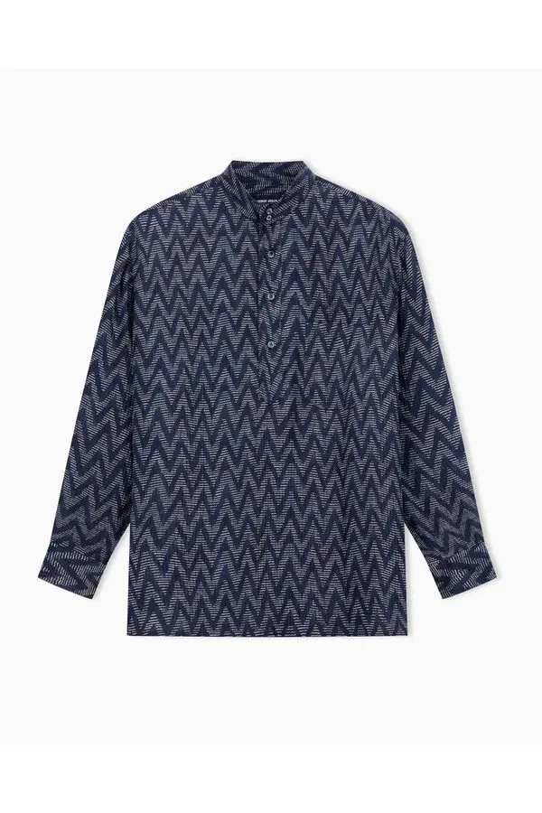 Giorgio Armani Asv Chevron-print Viscose And Silk Polo Shirt - Blue