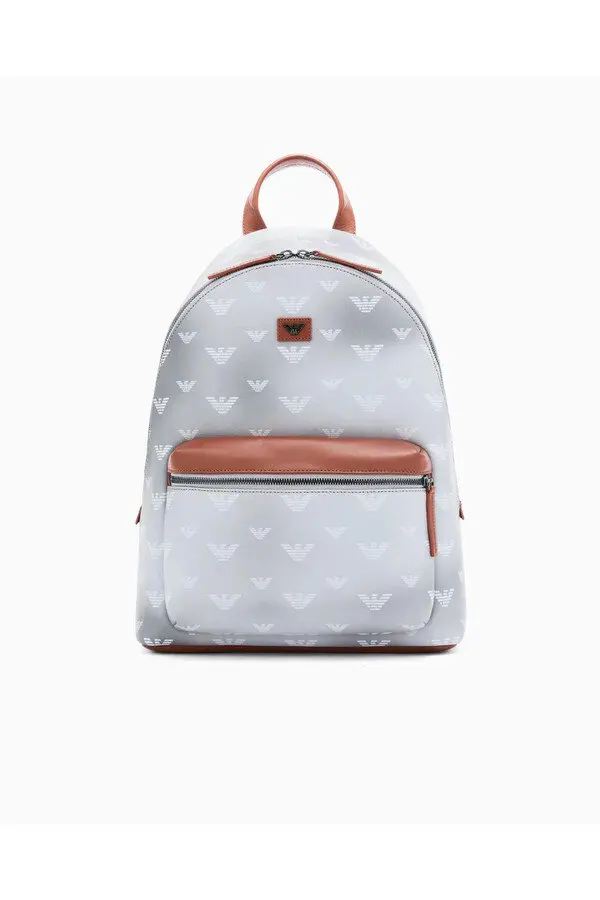 Emporio Armani Backpack In Coated Canvas With All-over Eagle - Grey
