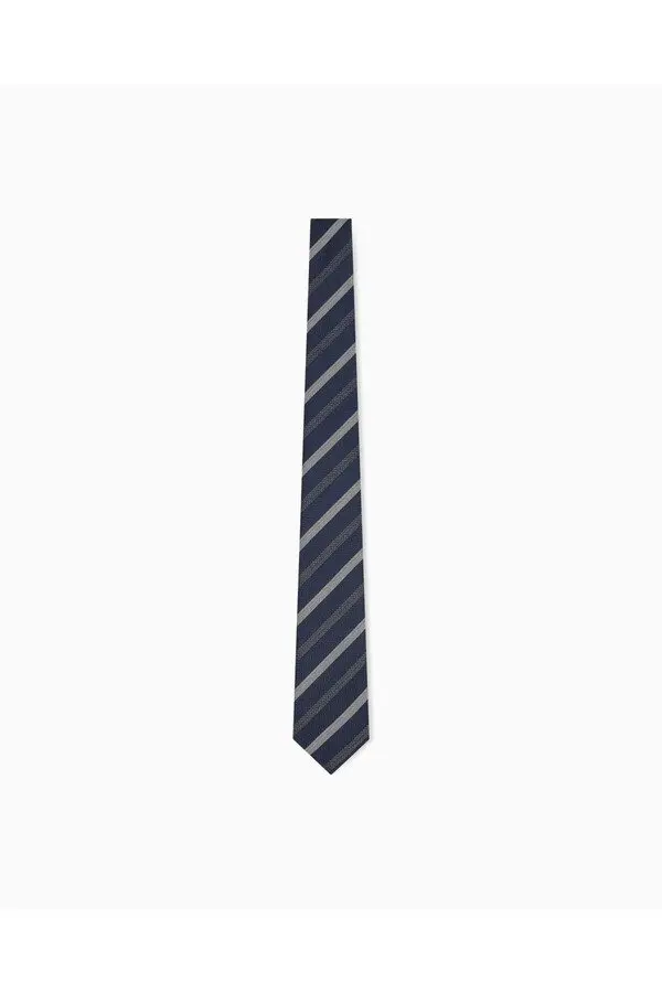 Emporio Armani Pure Silk Jacquard Stripe And Chevron Neck Tie - Navy