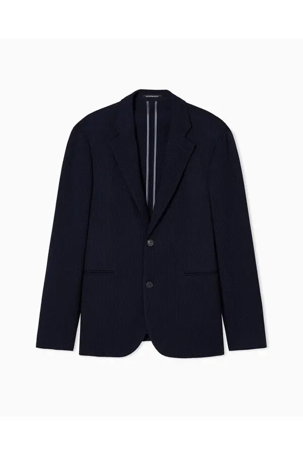 Emporio Armani Single-breasted Jacket In 3d Waffle-effect Wool Jersey - Navy