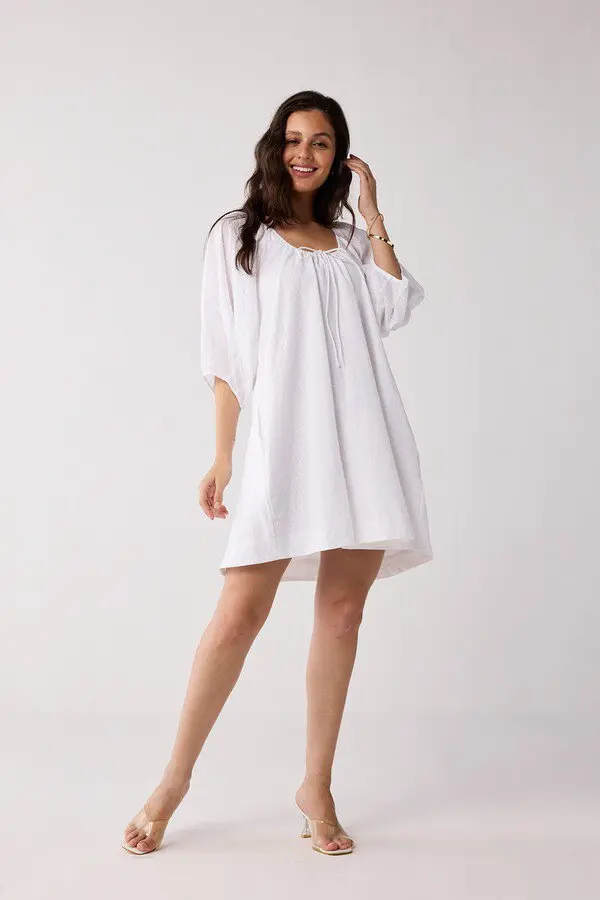 REISTOR Puff Sleeved Dress With Drawstring Neckline