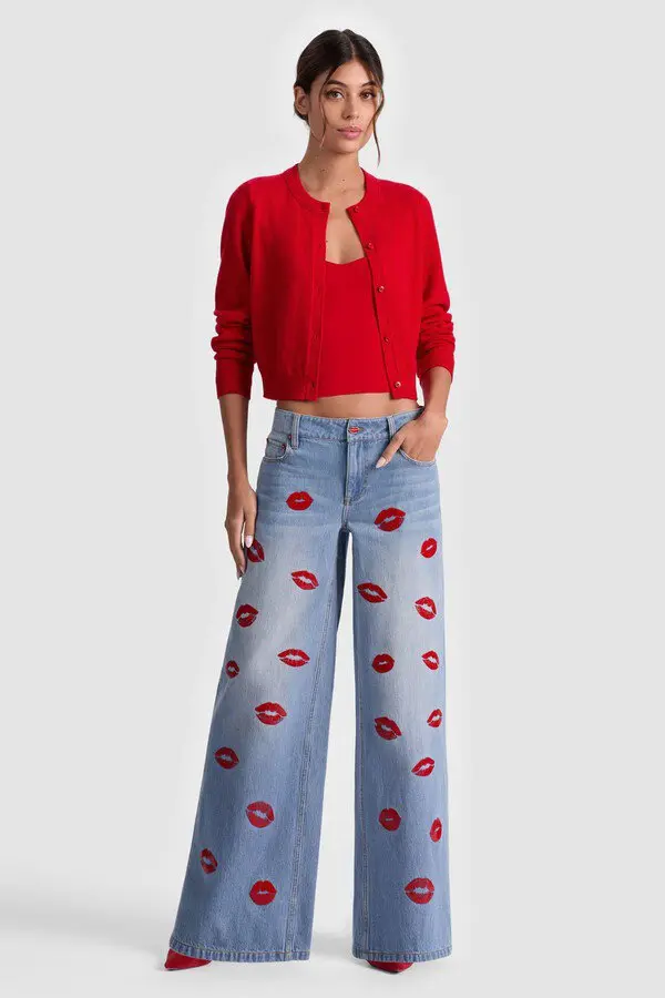 Alice + Olivia Printed Low Rise Wide Leg Jeans