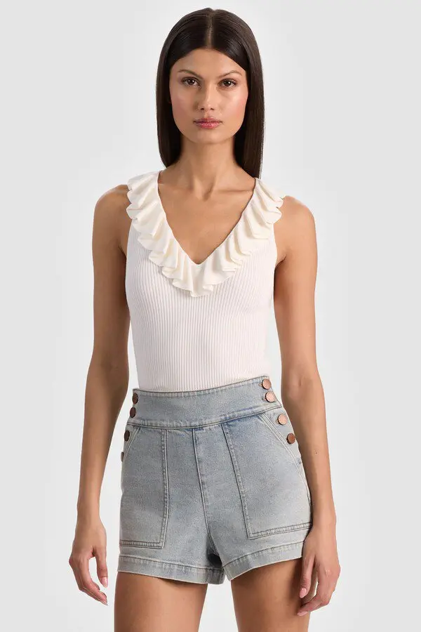 Alice + Olivia Marnie Ruffle Tank - White