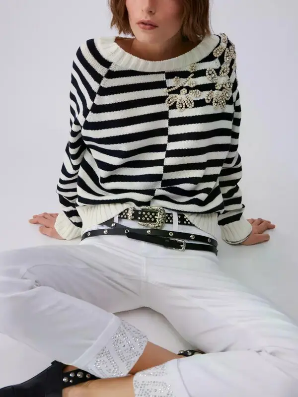 Liu Jo Striped Sweater With Stone Embroidery