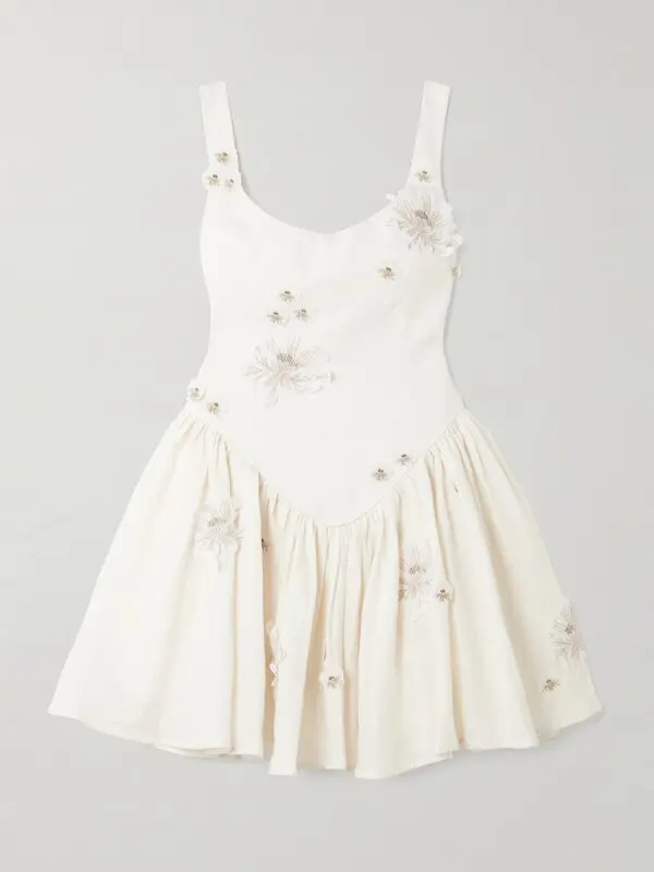 Agua Bendita Lima Embellished Appliquéd Linen Mini Dress - Neutrals