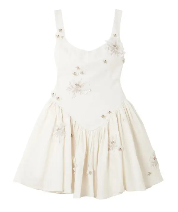 Agua Bendita Lima Embellished Appliquéd Linen Mini Dress - Neutrals