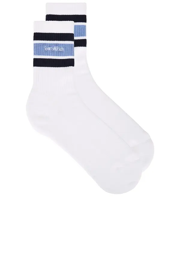 SPORTY & RICH Serif Logo Socks - White  Dark Navy  & Colony Blue