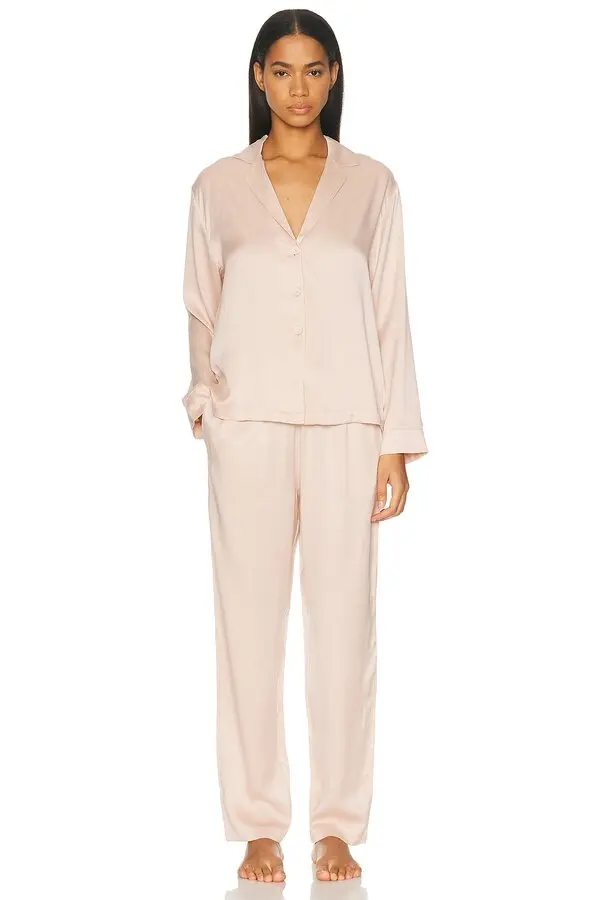 Lunya Washable Silk Long Sleeve Pant Pajama Set In Navy - Delicate Pink