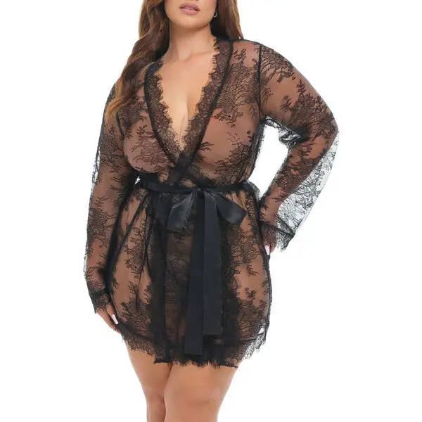 OH LA LA CHERI Amoré Lace Satin Bow Robe - Black