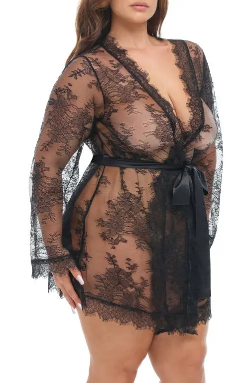 OH LA LA CHERI Amoré Lace Satin Bow Robe - Black