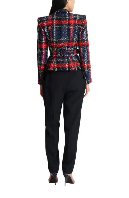 Balmain Belted Plaid Tweed Jacket