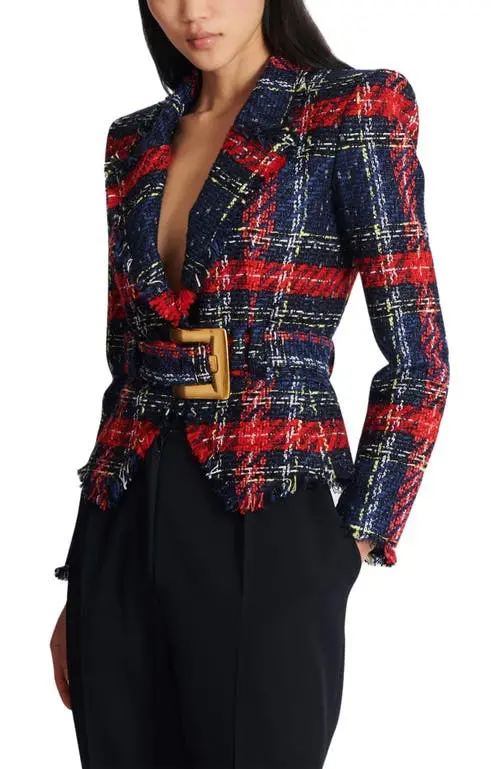 Balmain Belted Plaid Tweed Jacket
