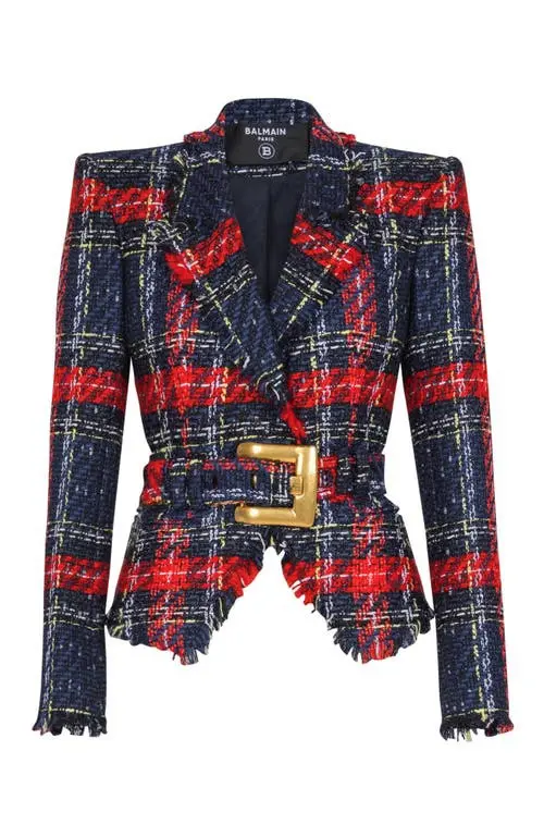 Balmain Belted Plaid Tweed Jacket