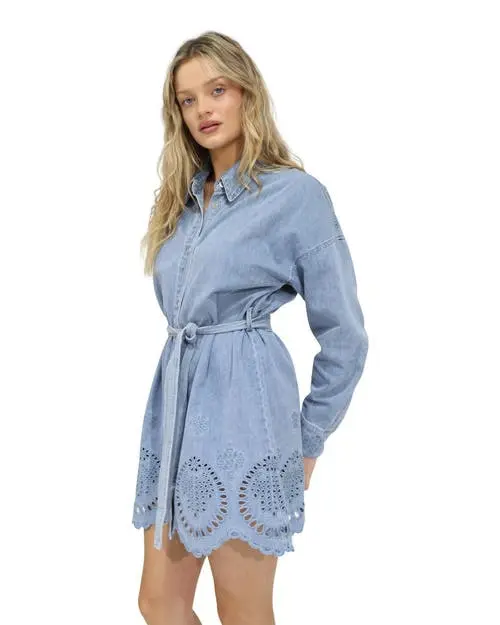 BELLE & BLOOM Sunday Somewhere Denim Broderie Mini Shirt Dress