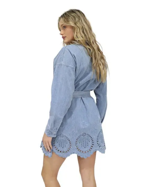 BELLE & BLOOM Sunday Somewhere Denim Broderie Mini Shirt Dress