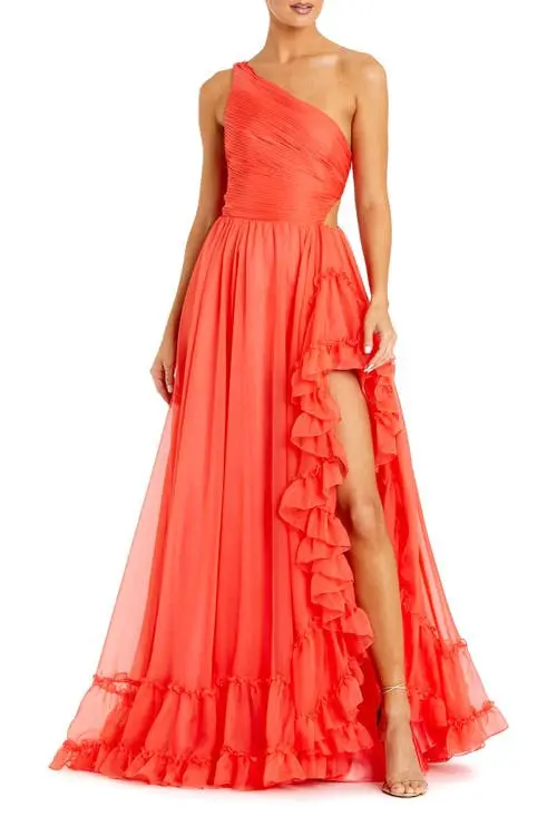 Mac Duggal One-shoulder Asymmetrical Ruffle Chiffon Gown