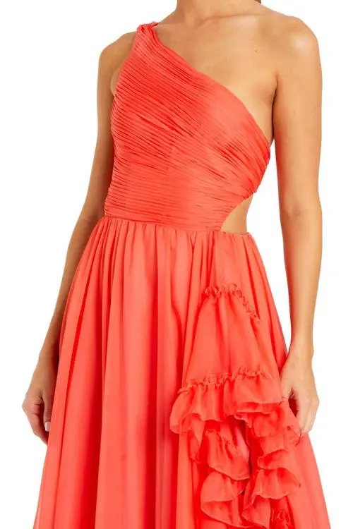 Mac Duggal One-shoulder Asymmetrical Ruffle Chiffon Gown