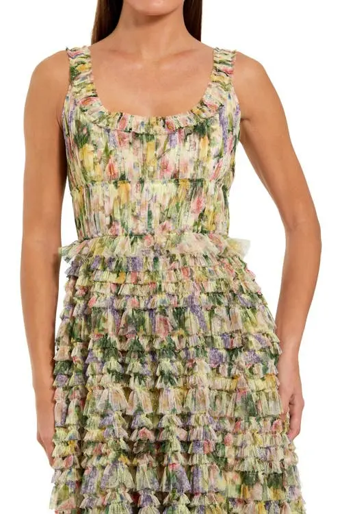 Mac Duggal Floral Printed Tiered Ruffle Midi Dress - Yellow Multi