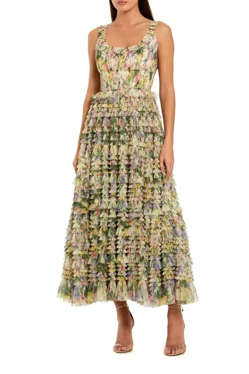 Mac Duggal Floral Printed Tiered Ruffle Midi Dress - Yellow Multi