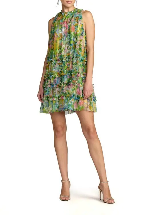 Mac Duggal Printed Mesh Mini Dress - Green Multi