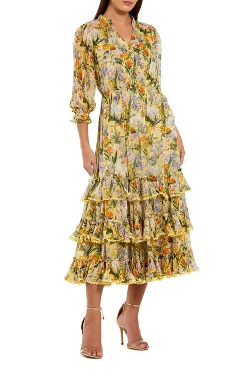 Mac Duggal Floral V-neck Tiered Midi Dress With 3/4 Sleeves