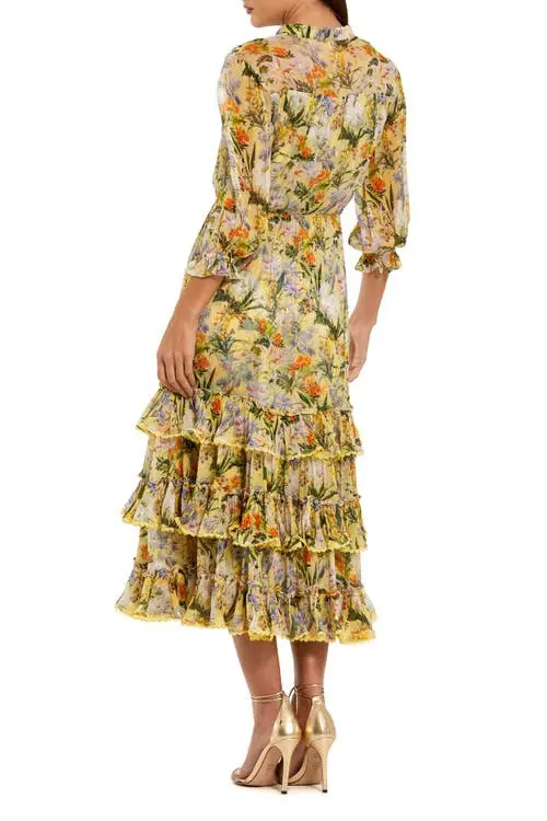 Mac Duggal Floral V-neck Tiered Midi Dress With 3/4 Sleeves