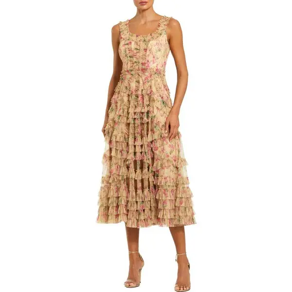 Mac Duggal Floral Printed Sleeveless Ruffle Midi Dress - Beige Multi