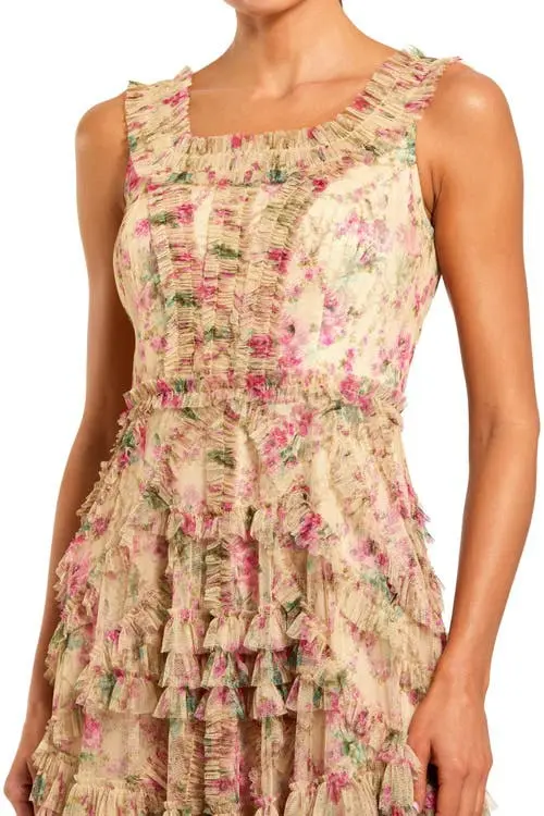 Mac Duggal Floral Printed Sleeveless Ruffle Midi Dress - Beige Multi