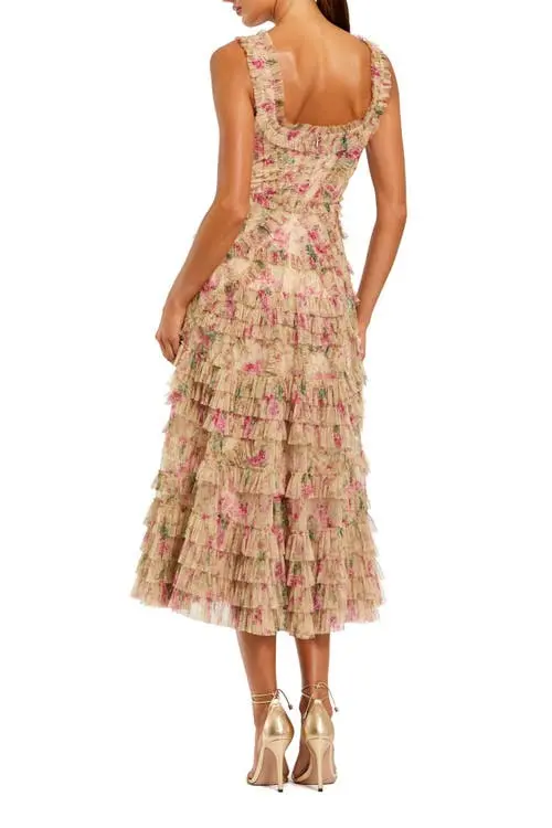 Mac Duggal Floral Printed Sleeveless Ruffle Midi Dress