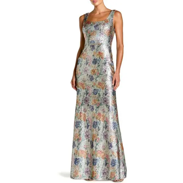 Mac Duggal Floral Sequin Sleeveless Gown - Silver Multi
