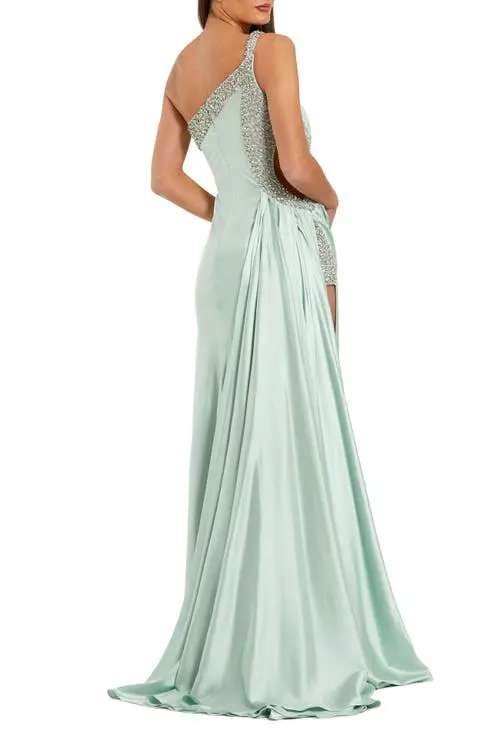 Mac Duggal One-shoulder Embellished Gown With Cut Out And Slit