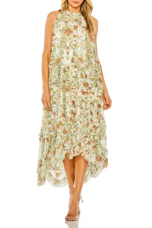 Mac Duggal Sleeveless High Neck Ruffle Floral Dress - Ivory Multi