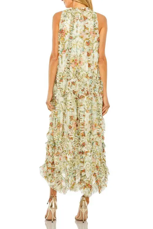 Mac Duggal Sleeveless High Neck Ruffle Floral Dress