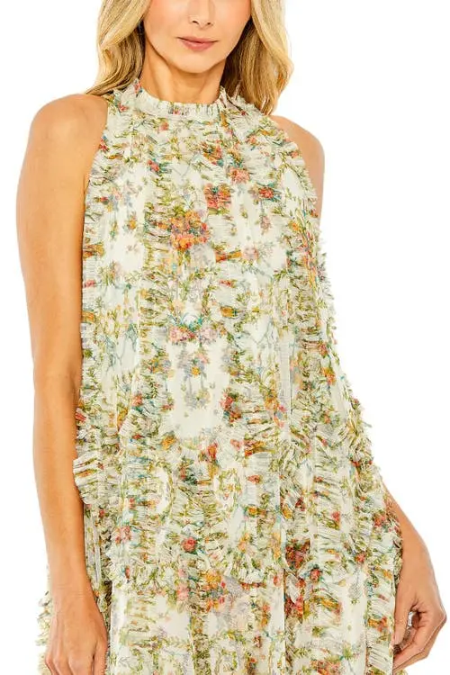 Mac Duggal Sleeveless High Neck Ruffle Floral Dress