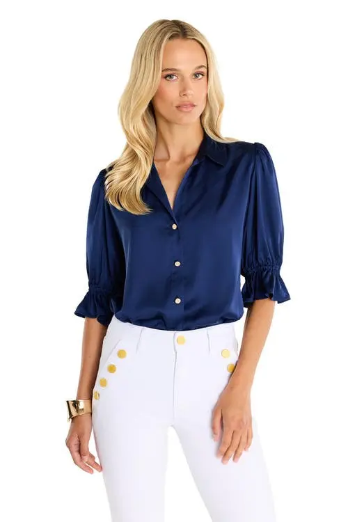 THE NOLI SHOP Cindy Ruffle Sleeve Shirt - Navy