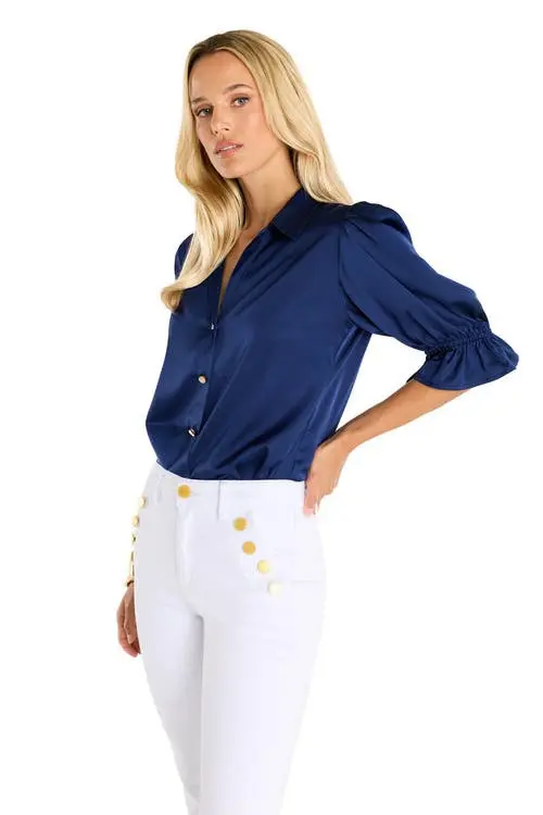 THE NOLI SHOP Cindy Ruffle Sleeve Shirt - Navy