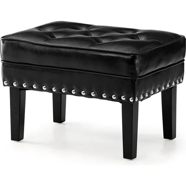 GLITZHOME Mid-century Modern Faux Leather Button-tufted Accent Stool - Black