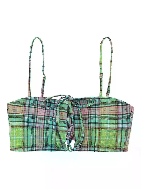 GANNI Tie-front Plaid Bikini Top - Green