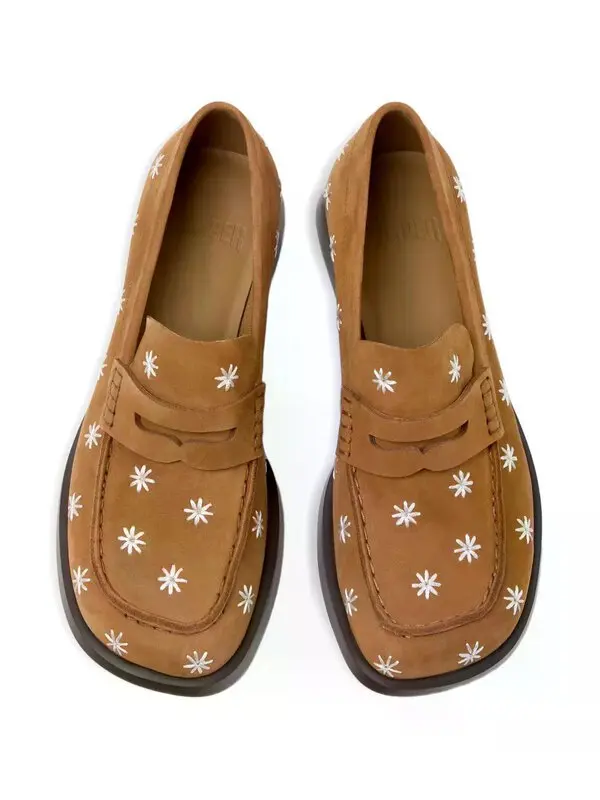 Camper Floral-embroidered Leather Loafers - Neutrals