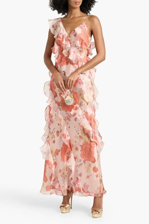 MIKAEL AGHAL Ruffled Floral-print Satin Maxi Dress